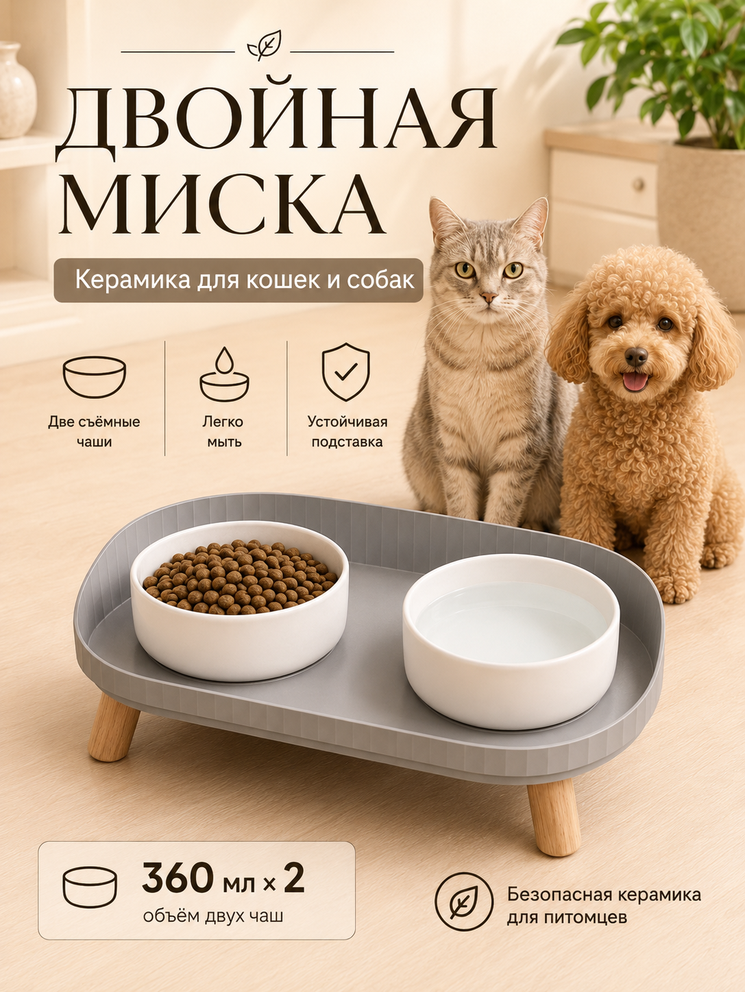 Миска двойная для кошек и собак на подставке, керамические чаши 2×360 мл, серая