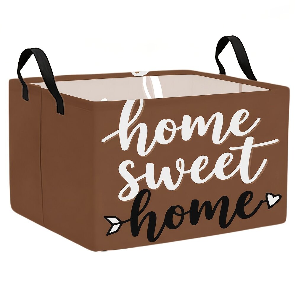 Складная тканевая корзина для хранения с ручкой, с принтом Home Sweet Home и декором из сердечек и стрелок, с коричневым основанием, 45х30х28 см