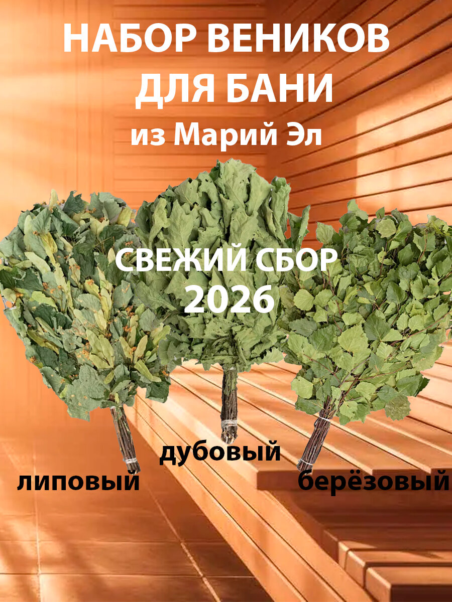 Береза Веник для бани Березовый, Дубовый, 3 шт.