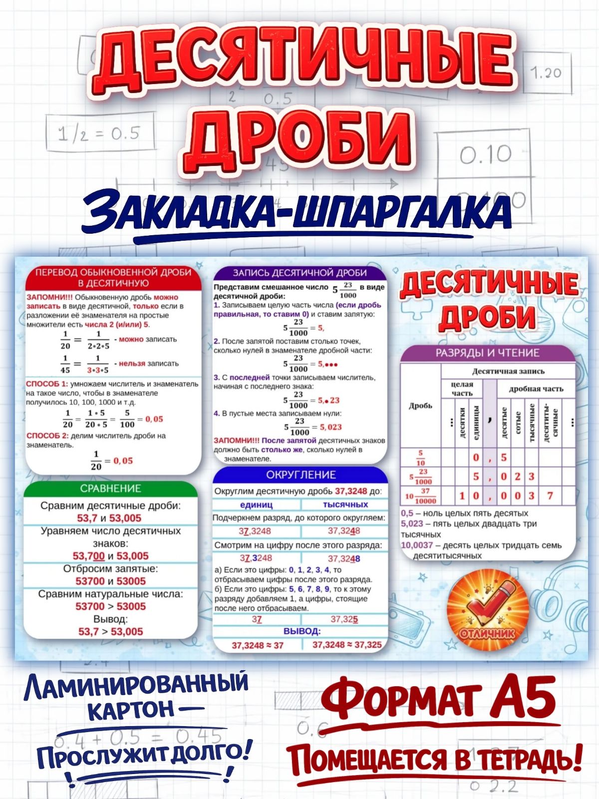 Закладка-шпаргалка "Десятичные дроби
