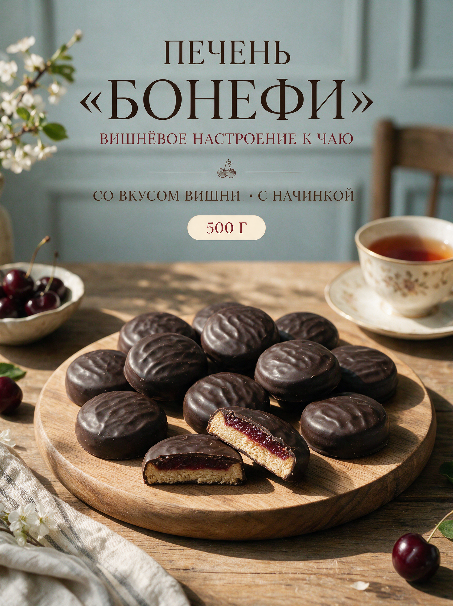 Печенье Бонефи со вкусом вишни Остров Изобилия 0,95 кг, сахарное печенье с фруктовой начинкой в глазури