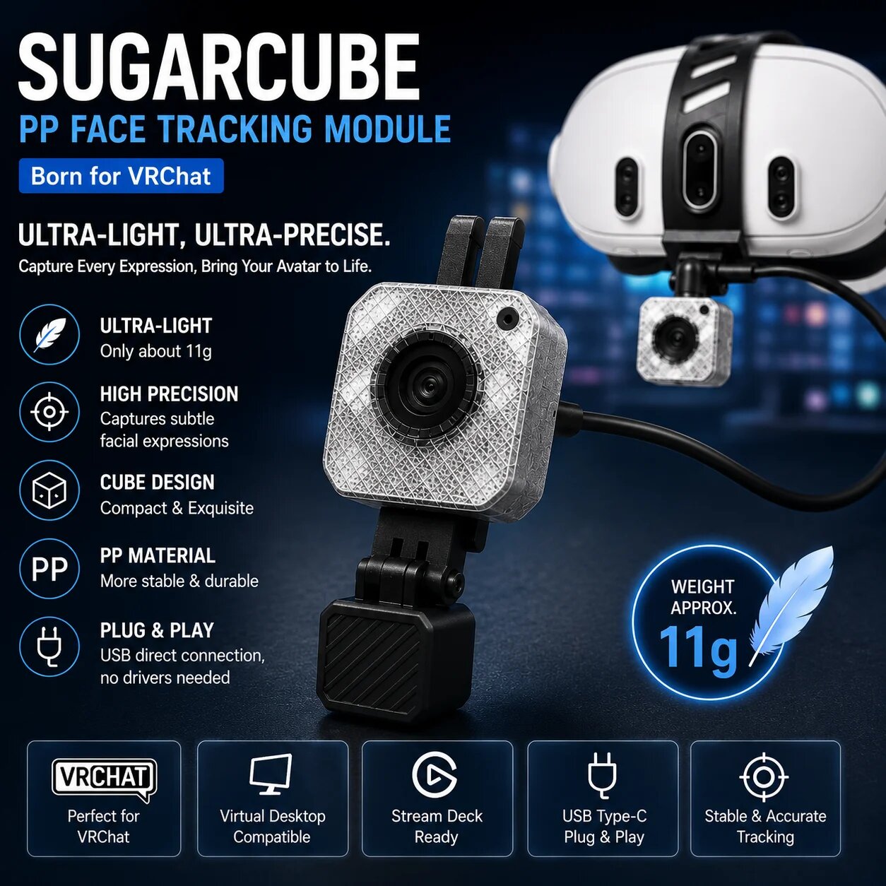 Беспроводной/проводной трекер лица Sugar Cube для VRChat For Quest2