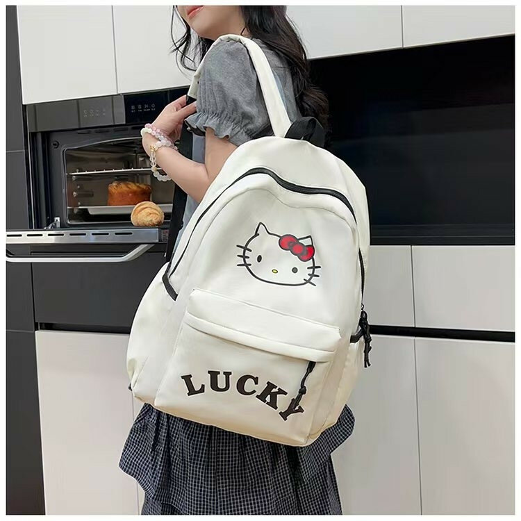 Рюкзак с принтом Hello Kitty, нейлон, водоотталкивающий, для ноутбука 16 дюймов, 31x15x42 см, 0.27 кг, для школьников и студентов, на молКремово-белый