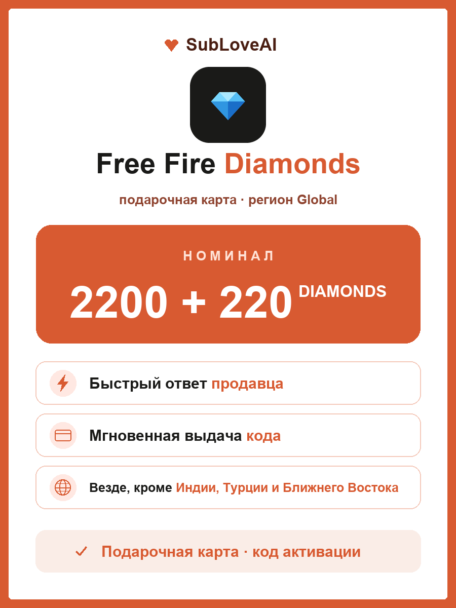 Подарочная карта Free Fire 2200 + 220 Diamonds — регион Global, код активации