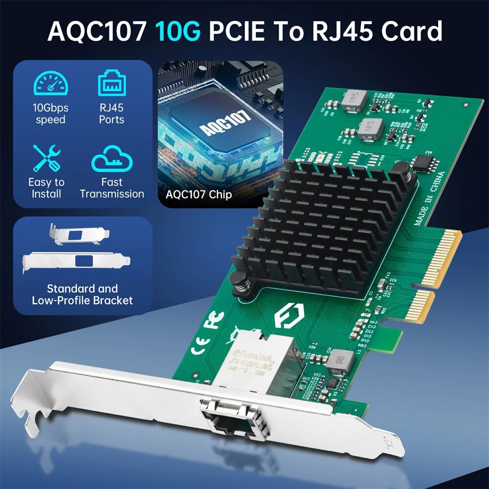 Сетевая карта Wi-Fi 10G PCIE к RJ45 AQC107 PCIE X4 Gigabit Ethernet 10000 Мбит/с PCI Express LAN-адаптер для настольных ПК Sever