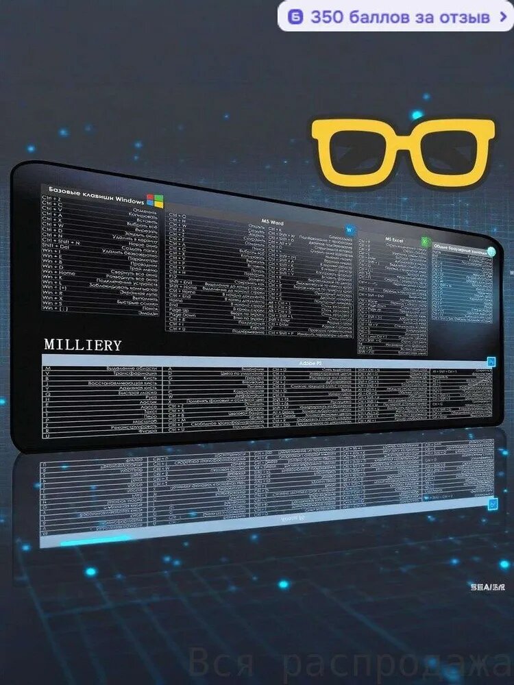 Коврик для мышки MILLIERY M черный матовый, шпаргалка для Excel, Word и Windows, коврик для геймеров