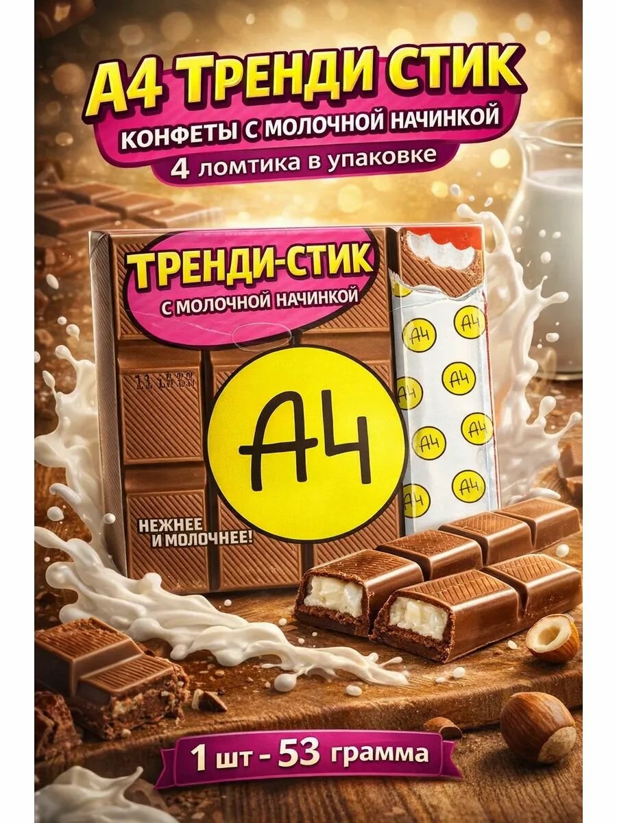 А4 тренди стик 4 шоколадных ломтика (1 упаковка 53 гр), шоколад молочный
