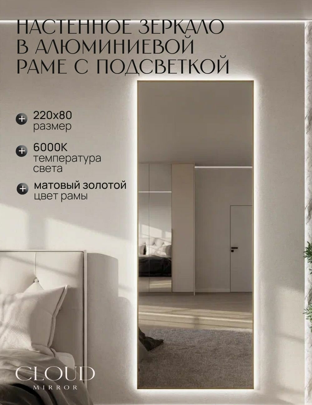 Зеркало 220х80 см золото с подсветкой Свет: Холодный белый 6000К. В алюминиевой раме интерьерное настенное CLOUD MIRROR