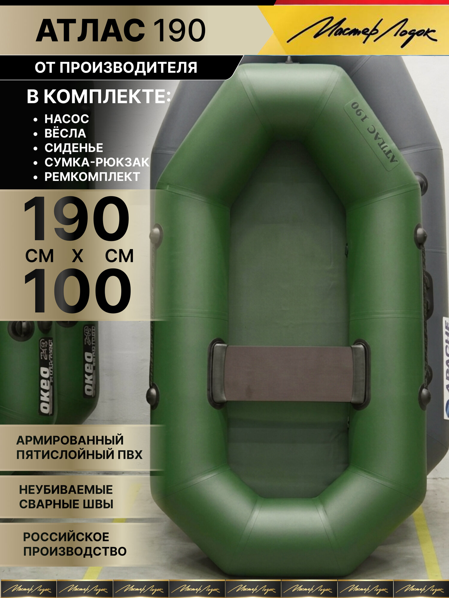 Лодка надувная ПВХ Атлас 190 для рыбалки гребная Мастер Лодок