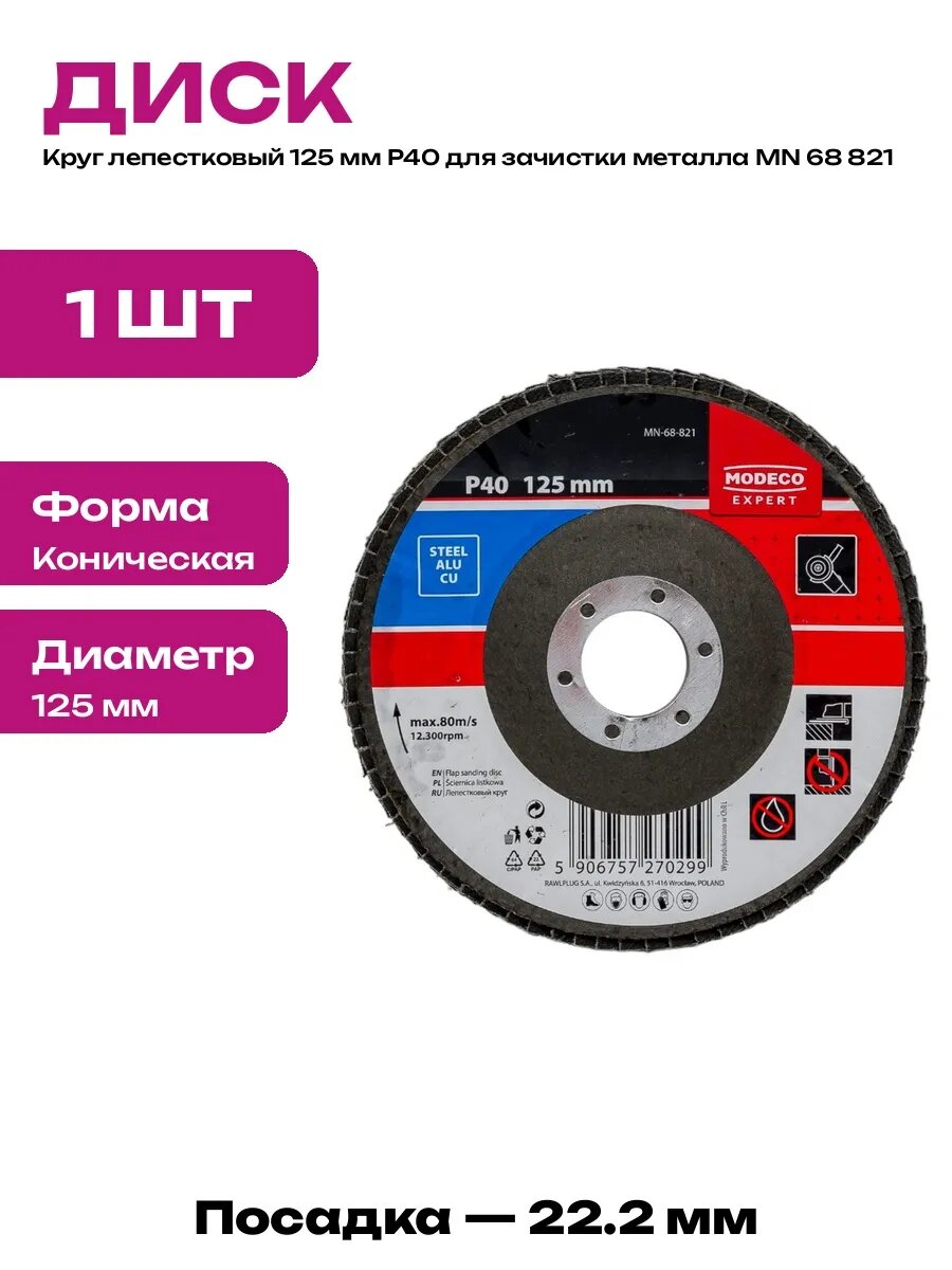 Диск шлифовальный 125 мм P40 КЛТ 2 для работы по металлу УШМ