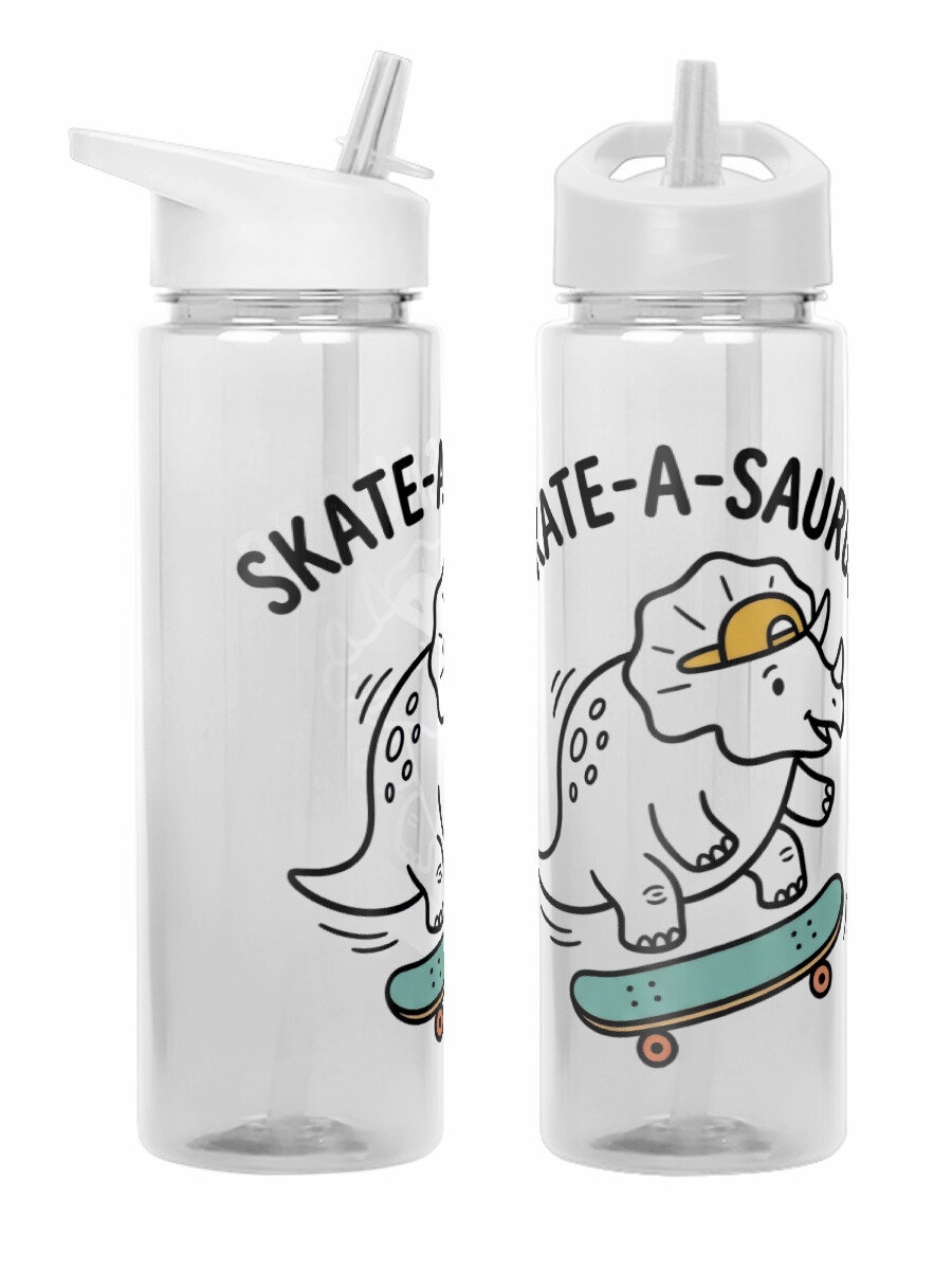 Бутылка белая для воды с принтом Skate-a-saurus, Дино-скейтер, Динозавр