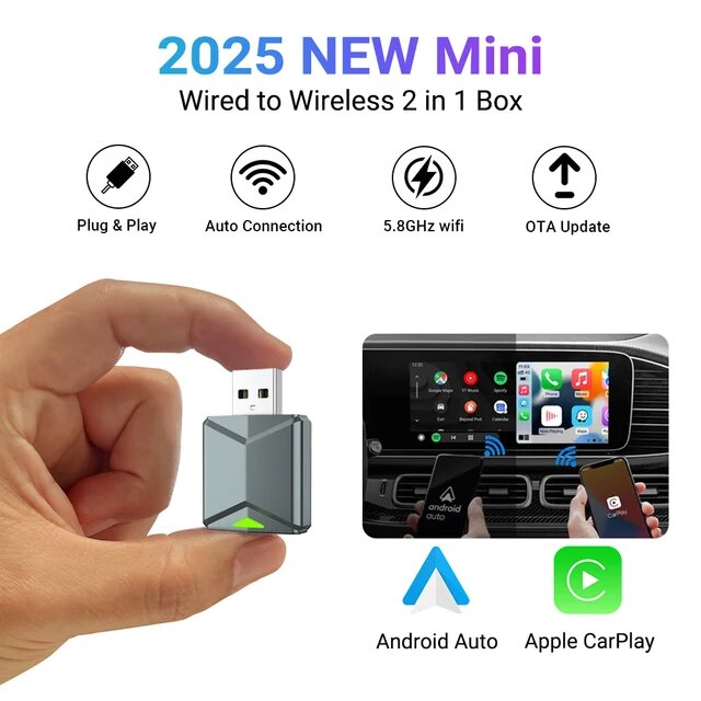 Acodo 2026 Android 14 3-в-1 CarPlay AI Box Беспроводной автомобильный USB-адаптер для Android, совместимый с универсальными ТВ-приставками, такими как YouTube и Netflix, подключение и использование без дополнительных настроек.