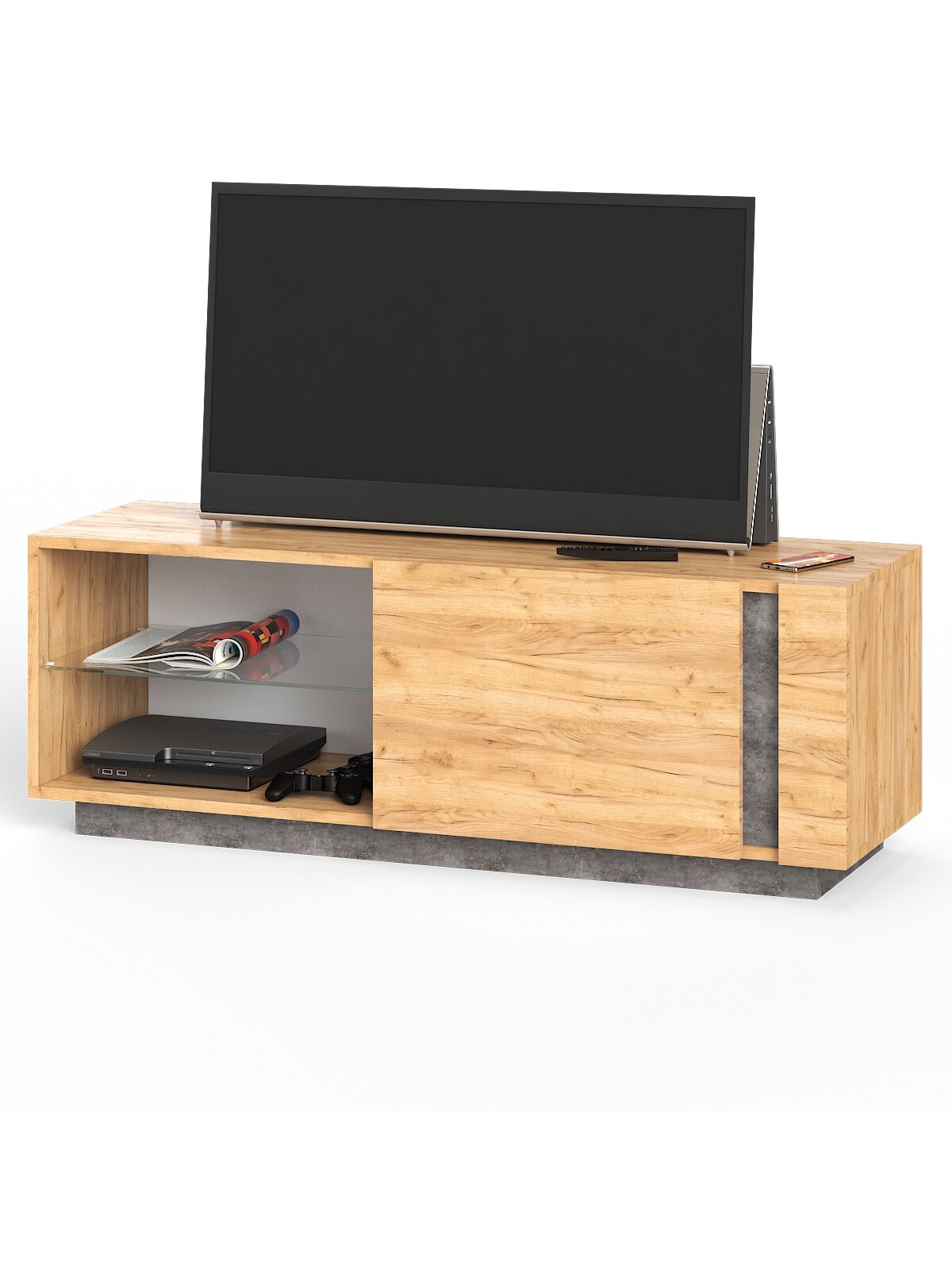 Тумба под ТВ Арчи 10.85 цвет дуб крафт золотой/камень тёмный, ШхГхВ 130х41,3х46,1 см, подсветка полки