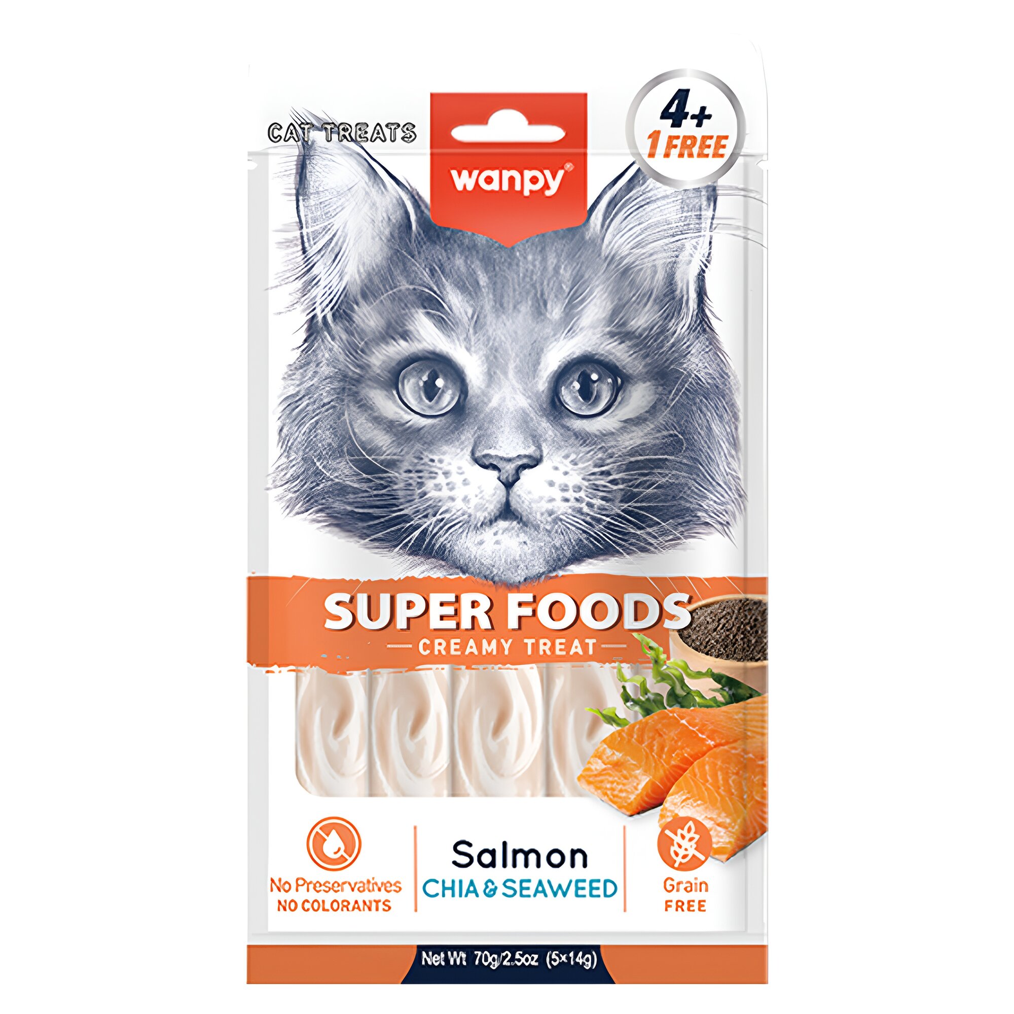 Крем - лакомство для кошек Wanpy Cat Super Food Нежное пюре из лосося с семенами чиа и водорослями, 1 уп х 70 гр