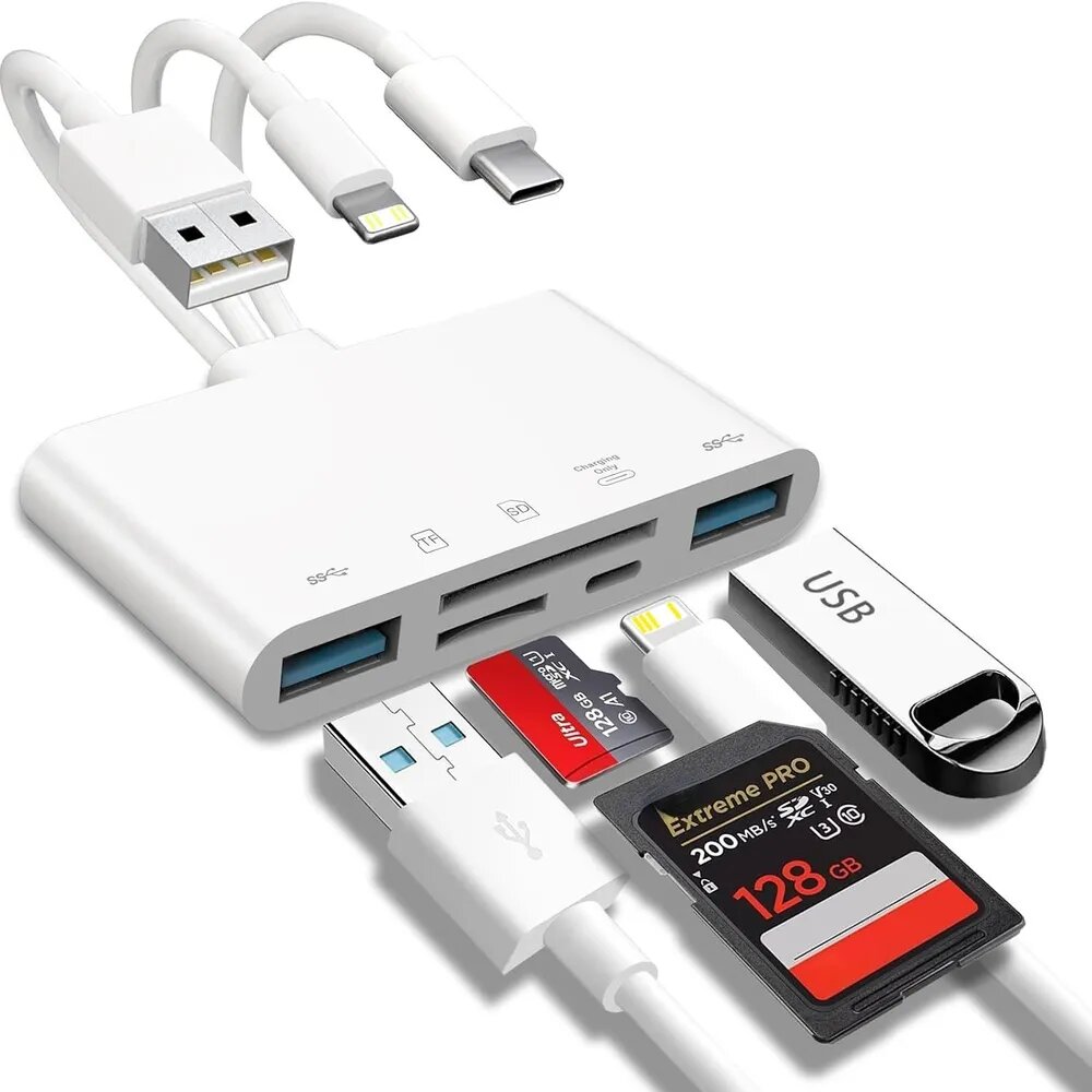 USB-концентратор, универсальный кардридер 5-в-1 для iPhone, iPad, USB-C и USB-A, белый — фото 1