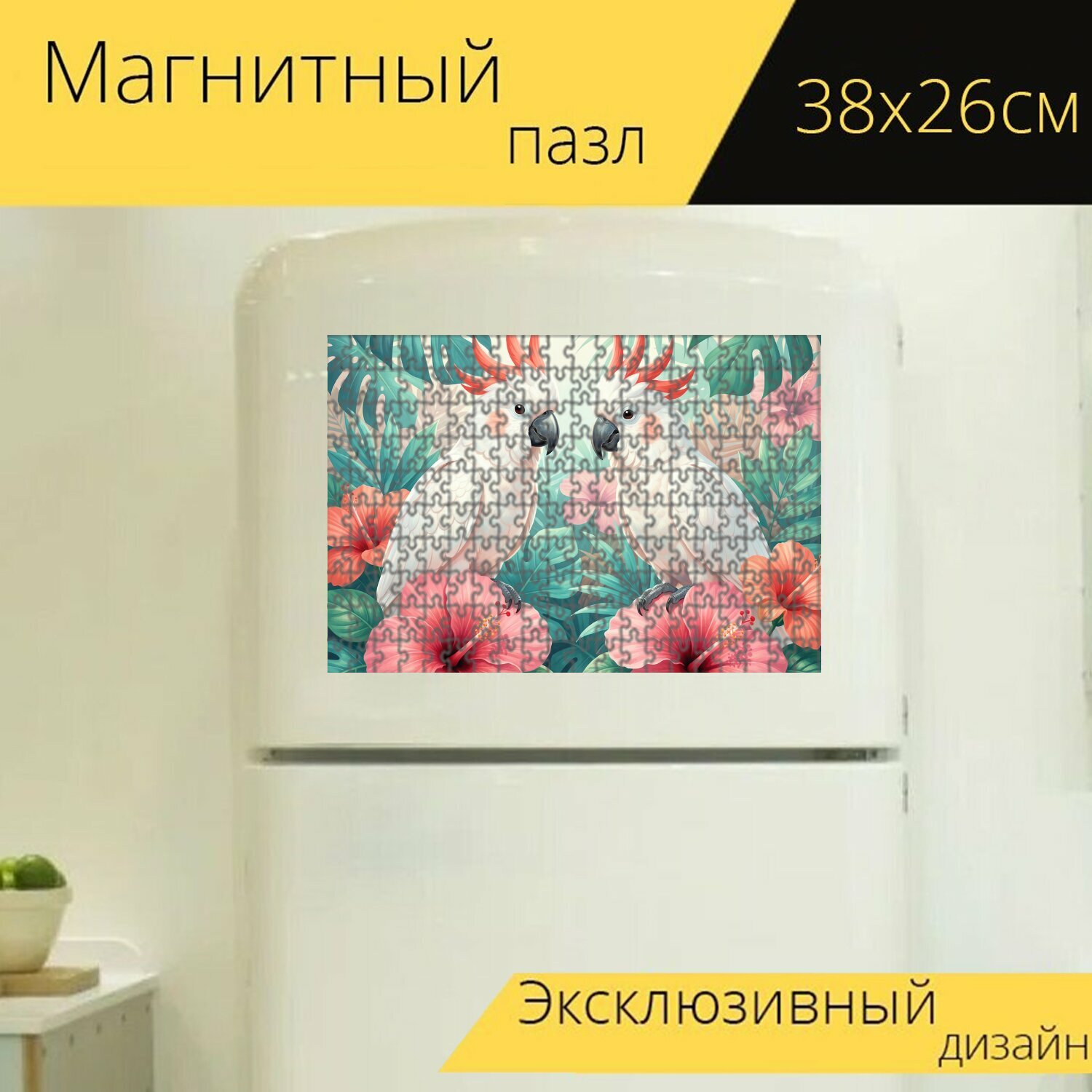 Магнитный пазл "Попугаи среди тропических цветов. Два белых какаду с коралловыми хохолками сидят среди пышной тропической зелени и розовых гибискусов. Яркая." для интерьера, 38х26 см.