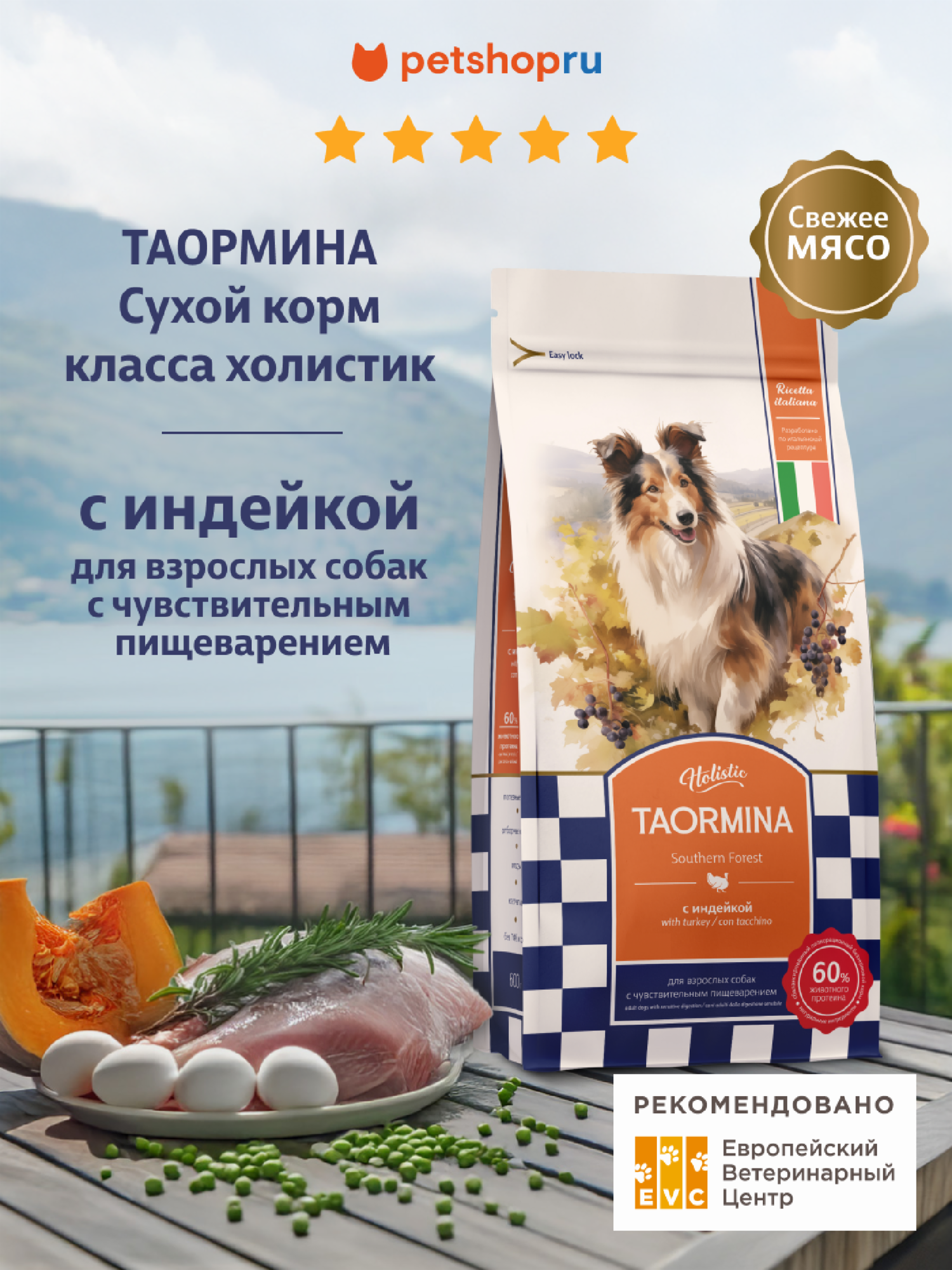 Беззерновой корм для взрослых собак с чувствительным пищеварением со свежей индейкой, ягодами и овощами Южный лес/Southern Forest, 10 кг
