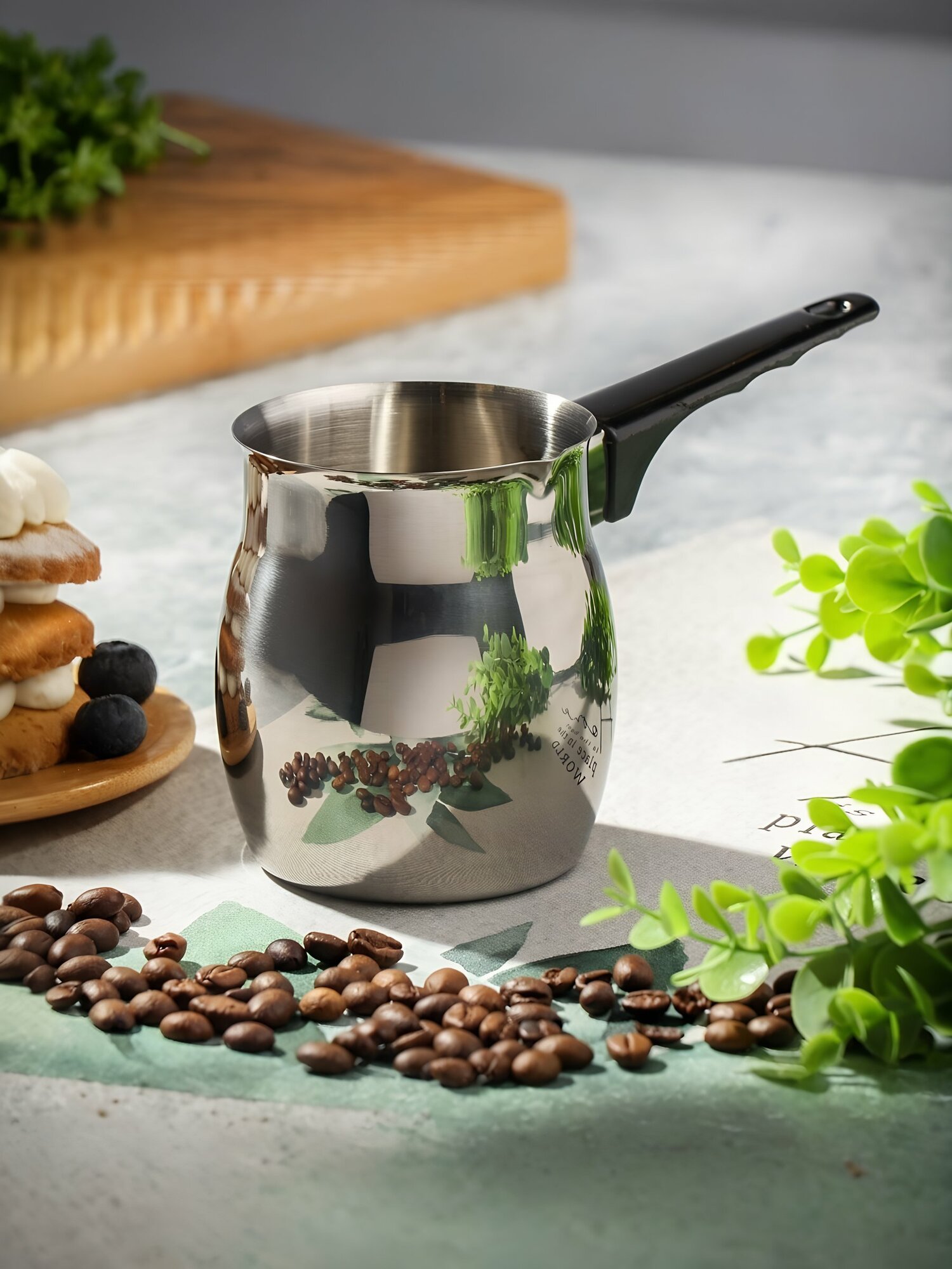 Турка для кофе 400 мл из нержавеющей стали с пластиковой ручкой, джезва Y4-7930 для плиты, объем 0.4 л