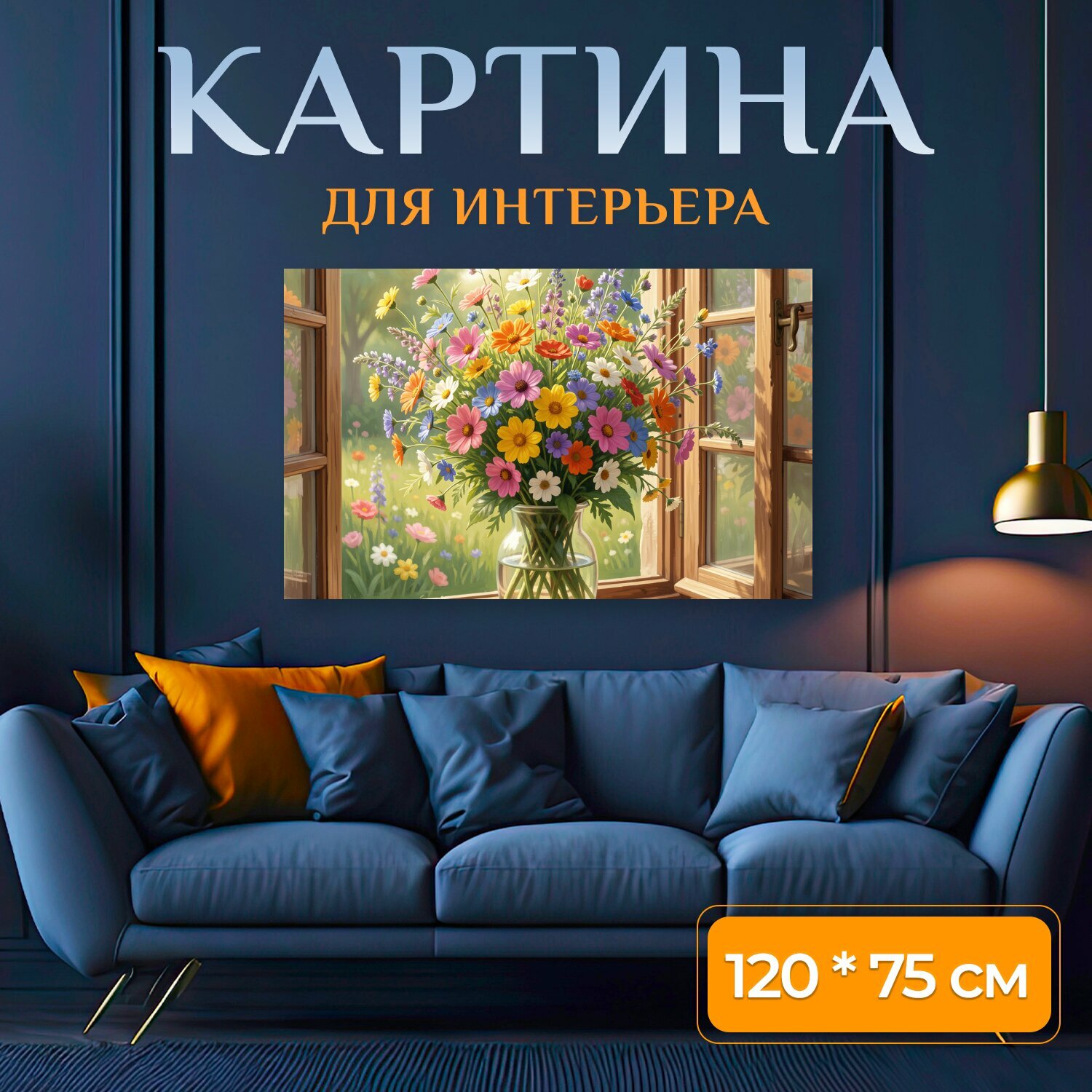 Картина на холсте "Яркий букет у открытого окна. Солнечная композиция из полевых цветов в стеклянной вазе на подоконнике, вид на зелёный сад." на подрамнике 120х75 см. для интерьера