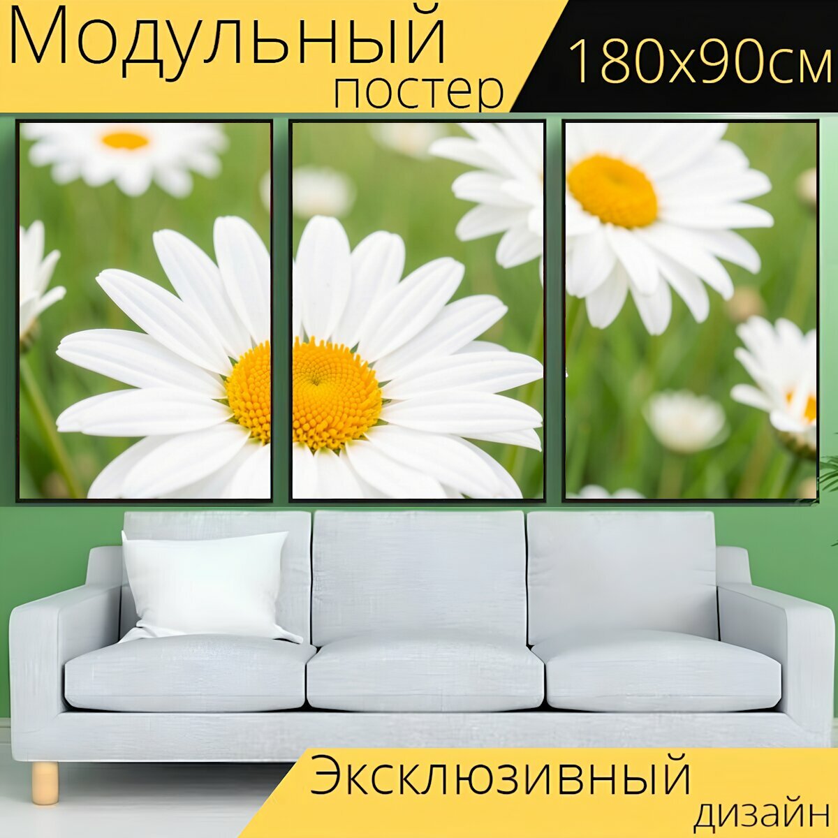 Модульный постер "Белые ромашки в зелёном поле. Нежный летний цветочный сюжет с крупными лепестковыми соцветиями и жёлтыми серединками." 180 x 90 см. для интерьера на стену в тубусе