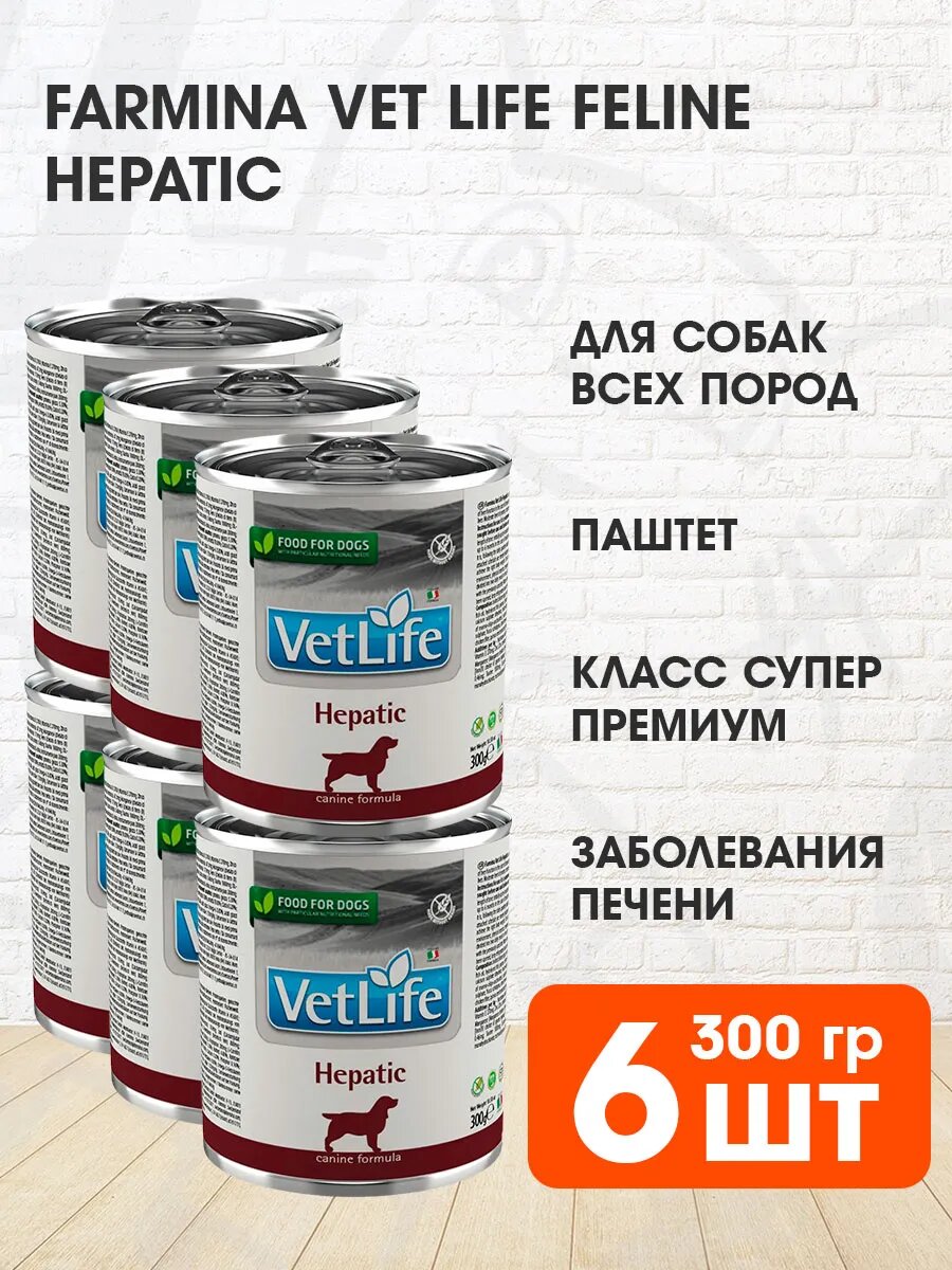 Корм влажный Farmina Vet Life Canin Hepatic для взрослых собак при заболеваниях печени, 300 г 6 шт