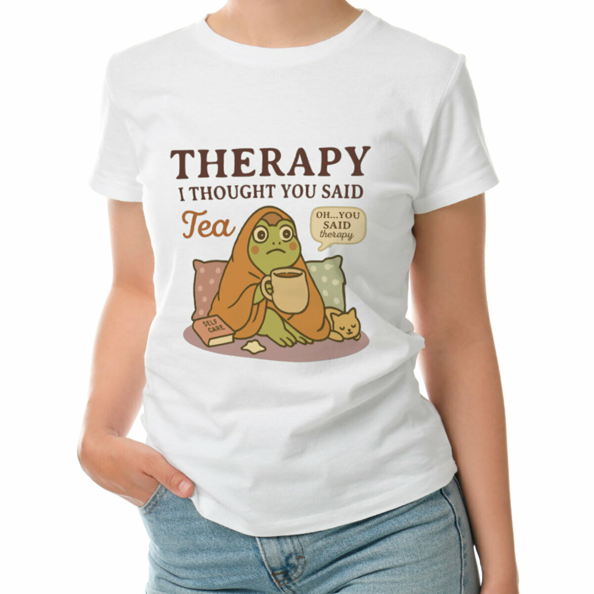 Женская футболка «Лягушка с чашкой чая, надпись THERAPY» (белый, L)