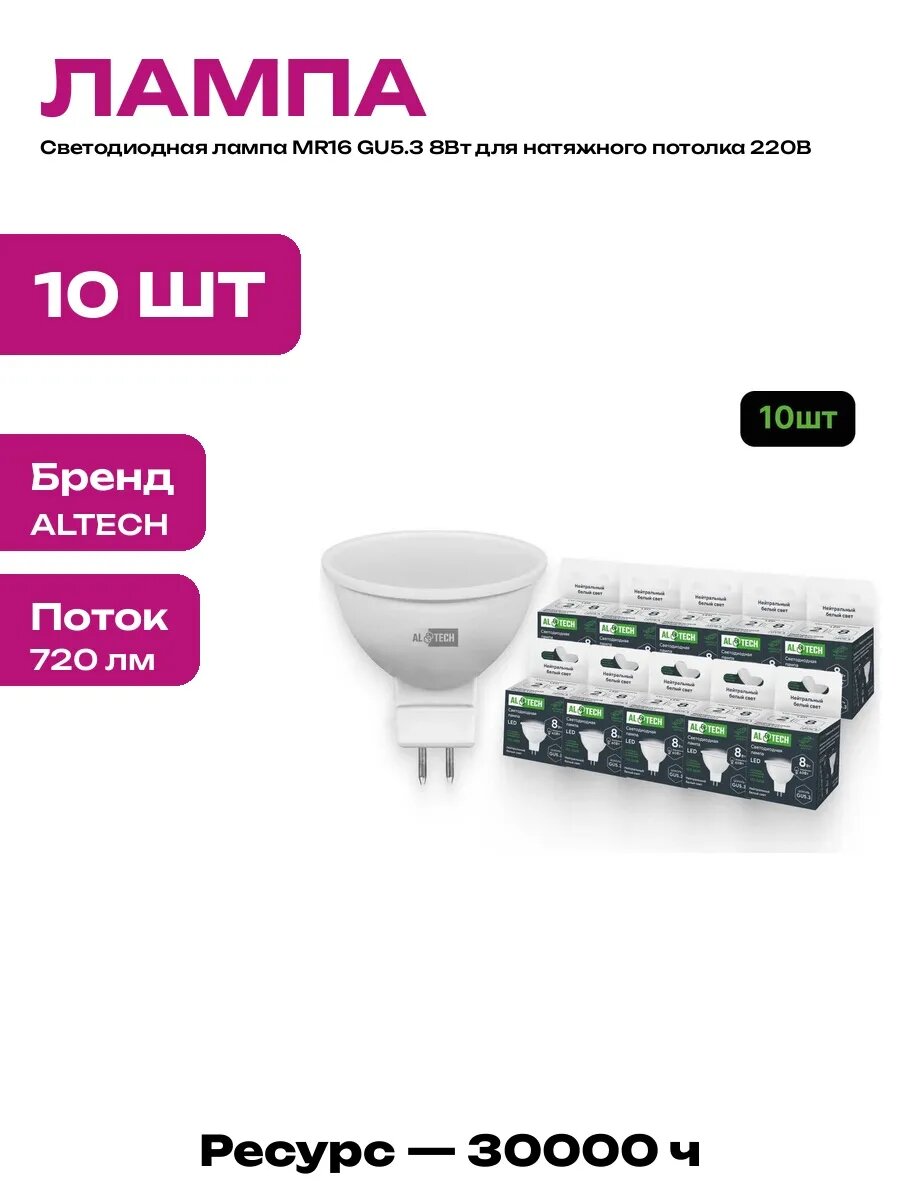 Светодиодная лампа MR16 GU5.3 8Вт для натяжного потолка 220В