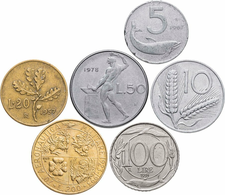 Италия набор из 6 монет 5, 10, 20, 50, 100, 200 лир 1957-1993, Различные сплавы, в сохранности VF-AU