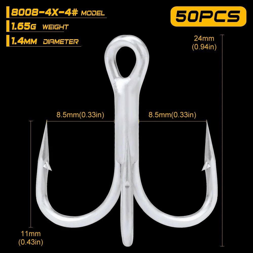 Рыболовные крючки тройные 8008-4X-4, 50шт, Size 4