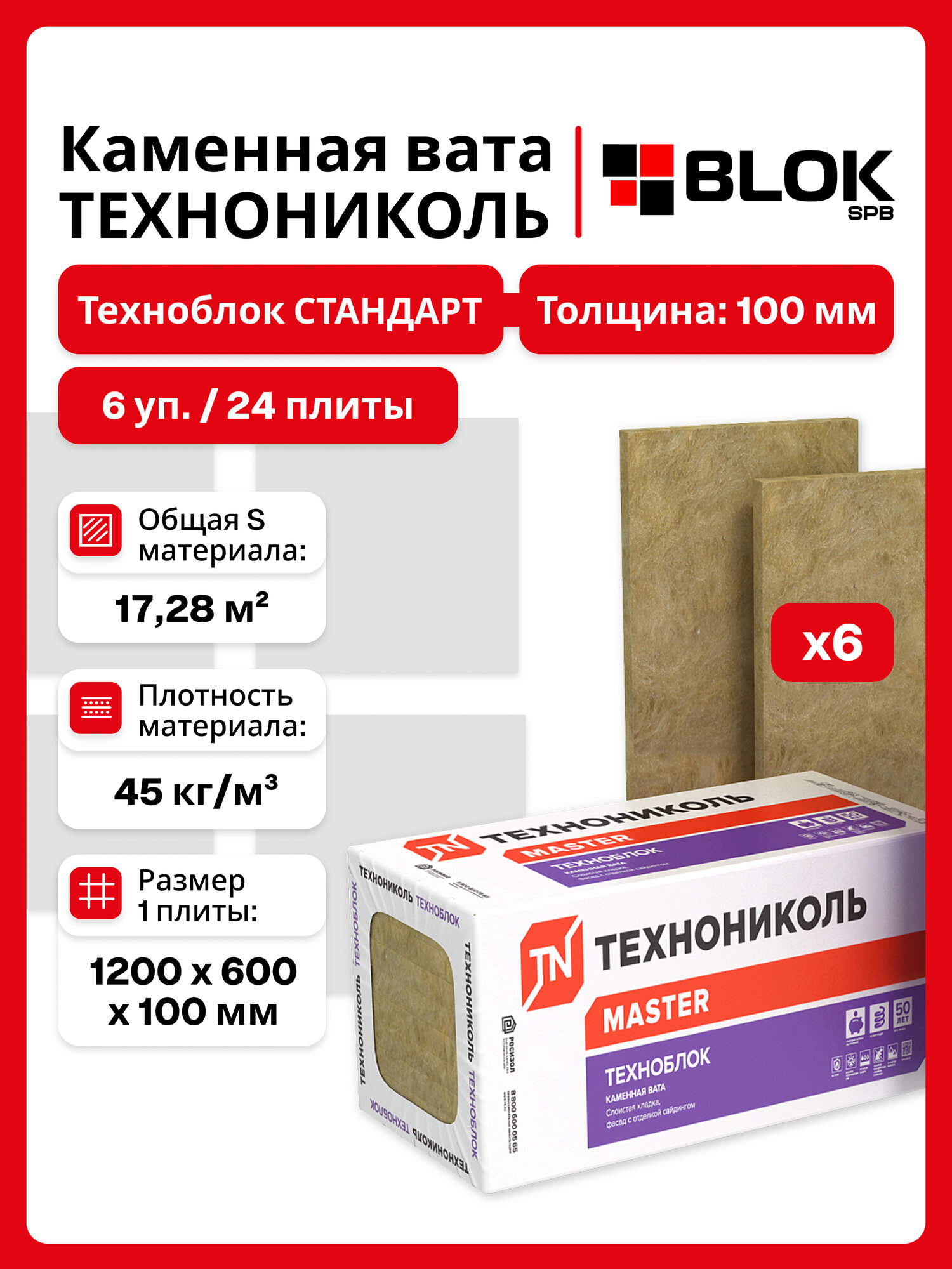 Технониколь Техноблок Стандарт 1200х600х100 мм (6 уп. / 17,28 м2 / 24 шт.) минеральная вата для стен, крыши, пола