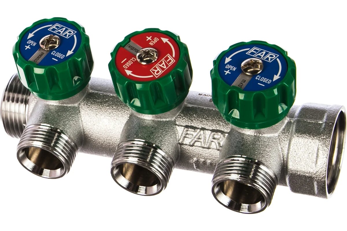 Коллектор регулирующий FAR 1 (ВР‑НР) с 3 отв. 3/4 дюйма из латунной хромированной детали с EPDM‑уплотнениями и пластиковой вставкой