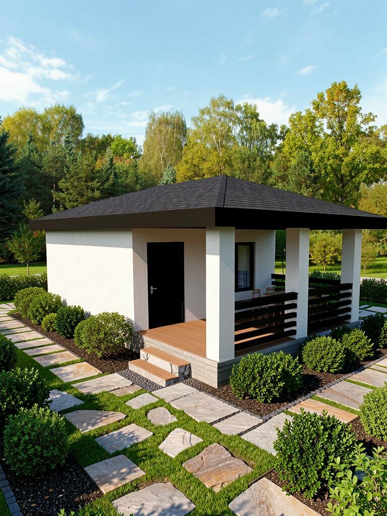 Проект одноэтажной бани из блока с террасой, комнатой отдыха 9,0х5,20