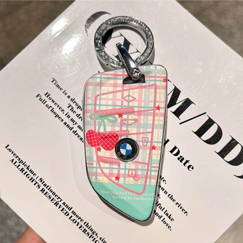 Чехол для ключа BMW с вишневой клеткой, стиль B, серебряное кольцо с алмазом
