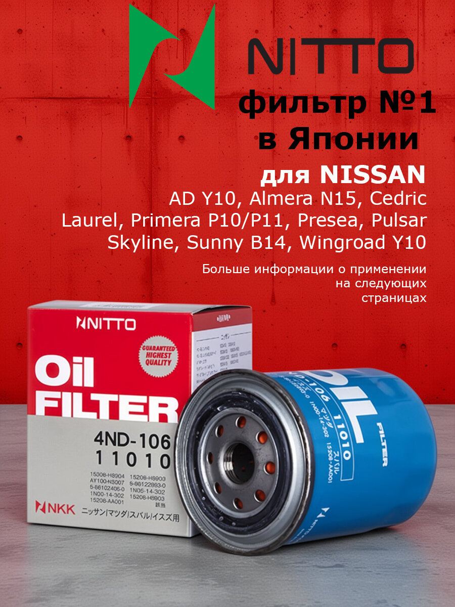 Фильтр масляный для Nissan Skyline RB26; RB25; RB20, Primera P10/P11 GA15; GA16, Almera N15 GA15 GA16, Wingroad Y10, Pulsar N16 Nitto 4ND106 OEM:15208H8904