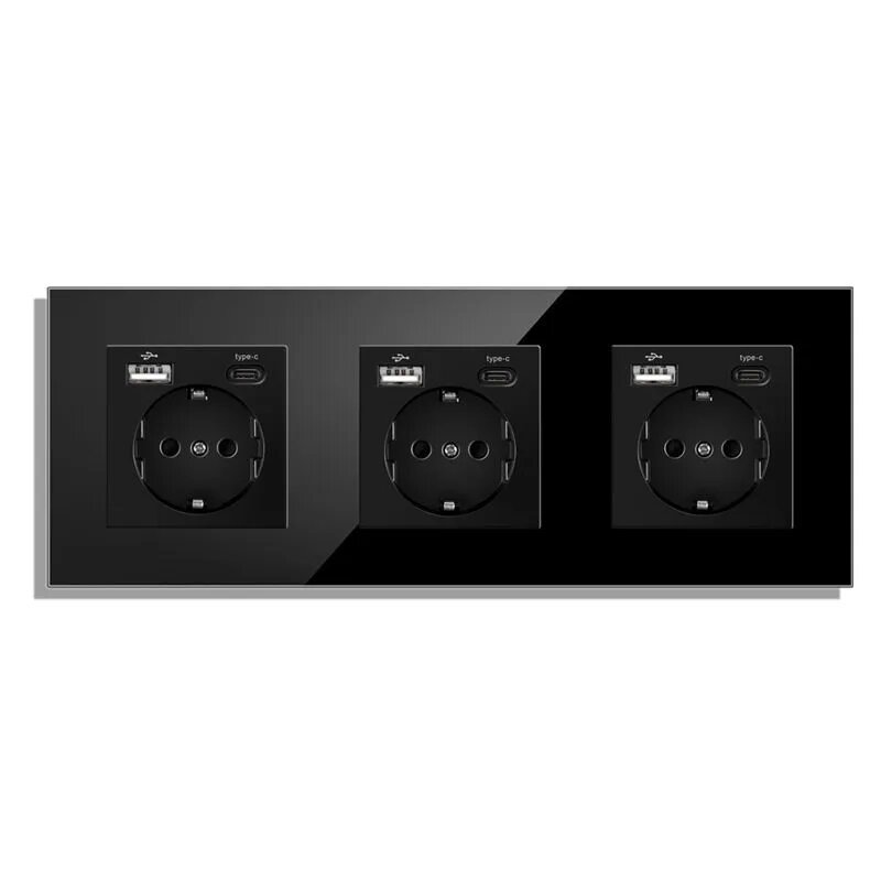Розетка электрическая 3 поста, с Usb/Type-C АC, рамка 228х86мм стекло, цвет черное