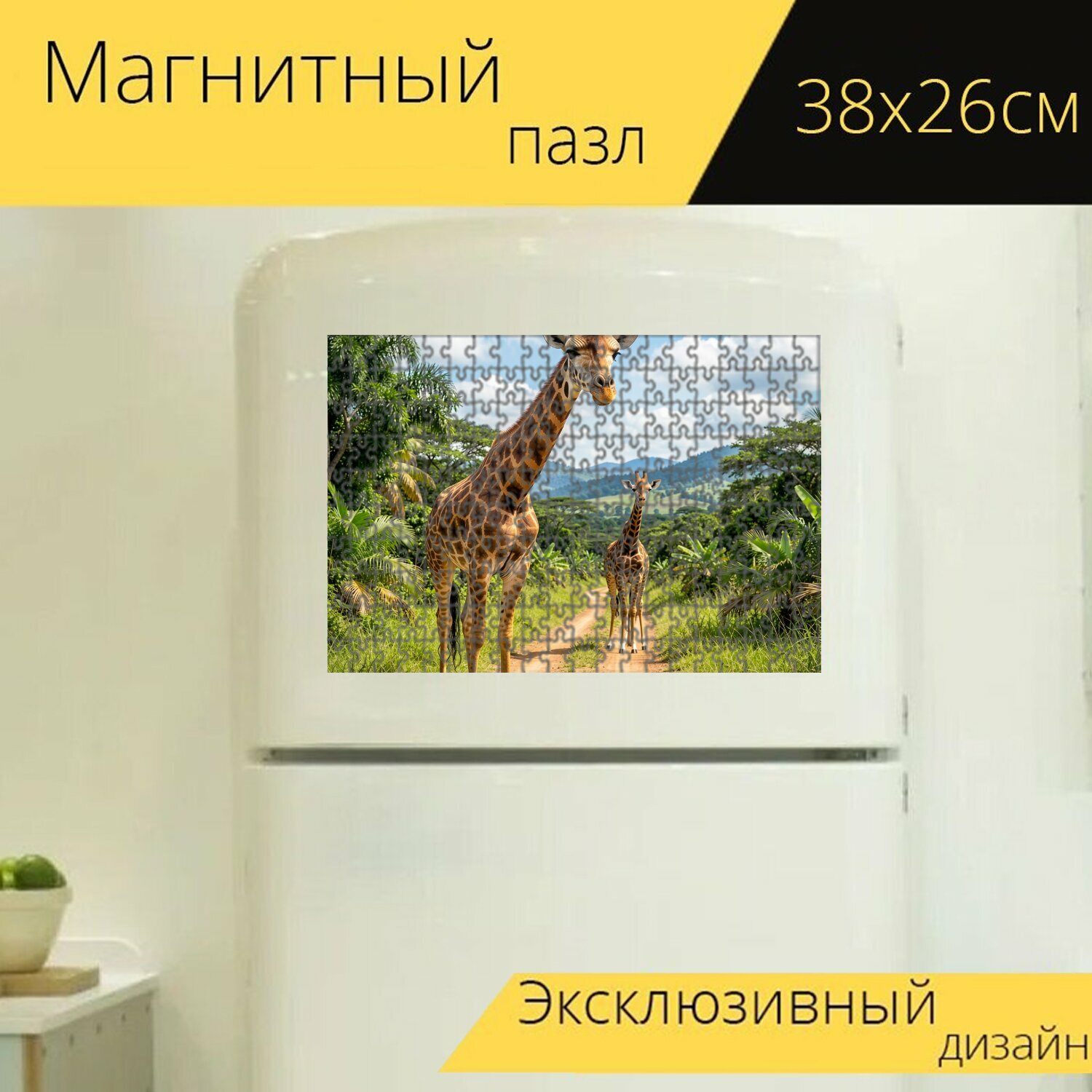 Магнитный пазл "Жирафы на тропе в саванне. Африканские длинношеие животные среди тропической зелени и холмов, голубое небо с облаками, реалистичный." для интерьера, 38х26 см.