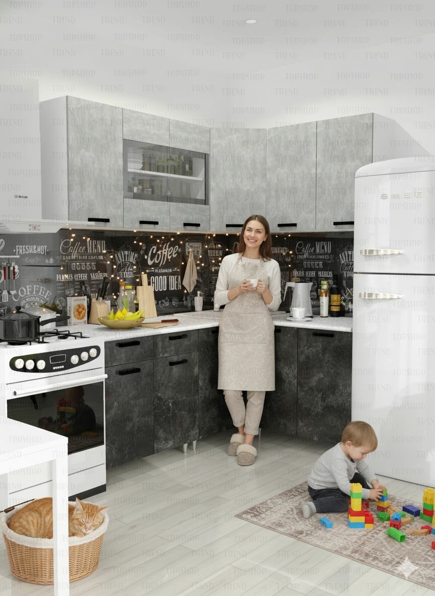 Угловая кухня 180 cм х 140 cм. Бетон, Антарес