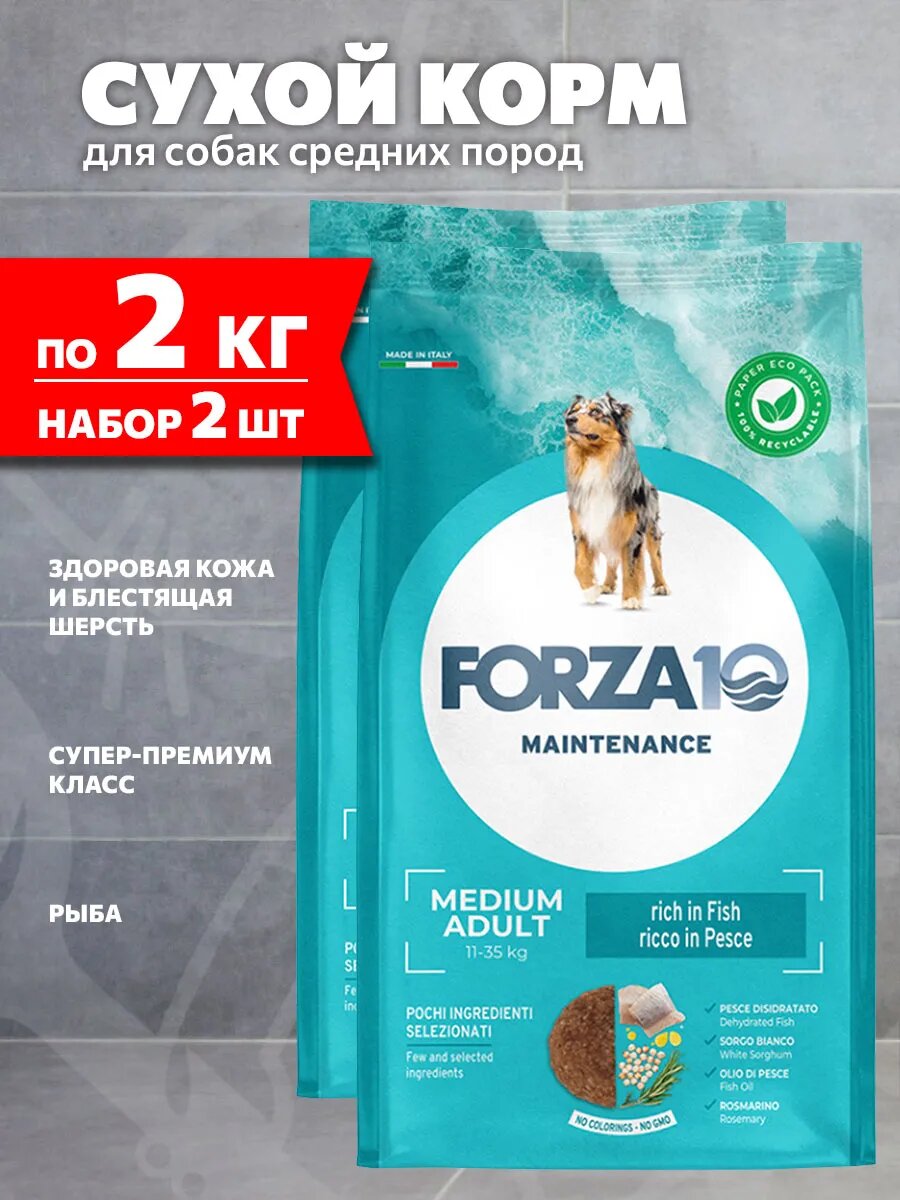 Корм сухой Forza10 Dog Maintenance Adult Medium для взрослых собак средних пород с рыбой, 2 кг х 2 шт