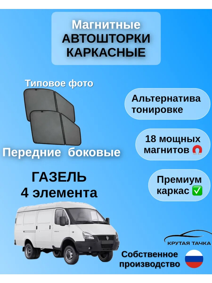 Автошторки передние боковые для Газель 4 элемента/ каркасные на магнитах