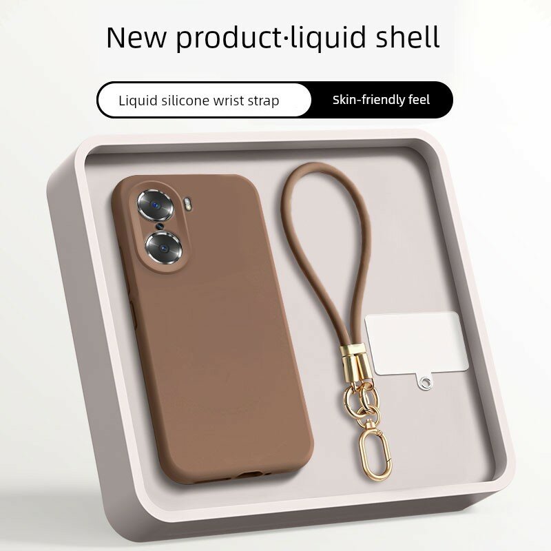 Силиконовый чехол для Honor 60 с коротким силиконовым шнуром и подставкой, хаки - мягкий и защитный