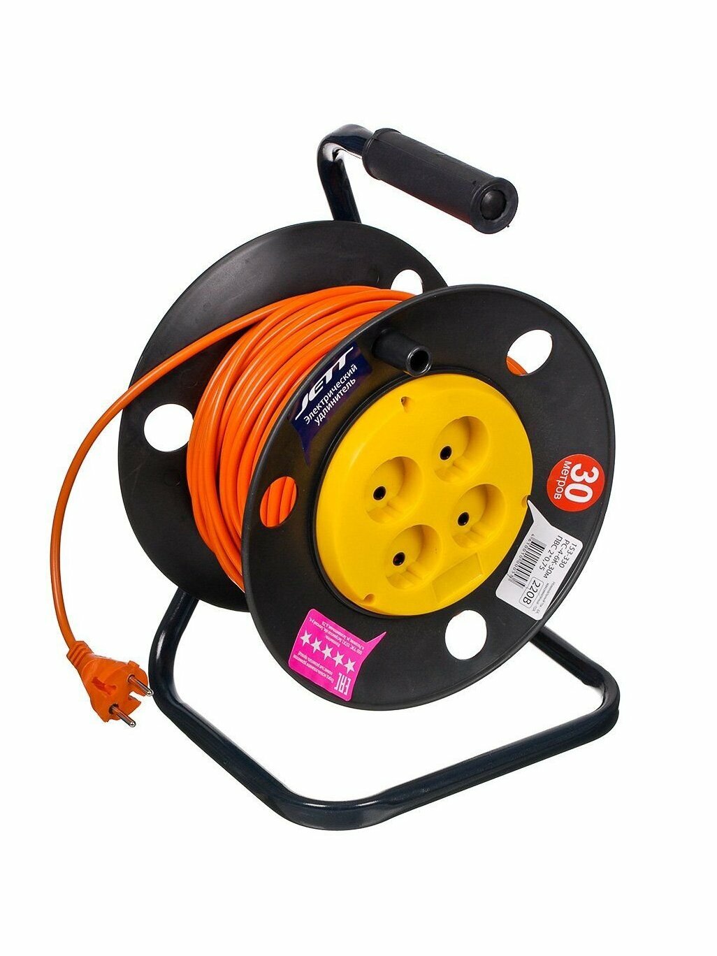Удлинитель на катушке Jett 30 метров, 4 розетки, 2200 Вт, ПВС 2х0.75 мм2, без заземления, артикул 153-330