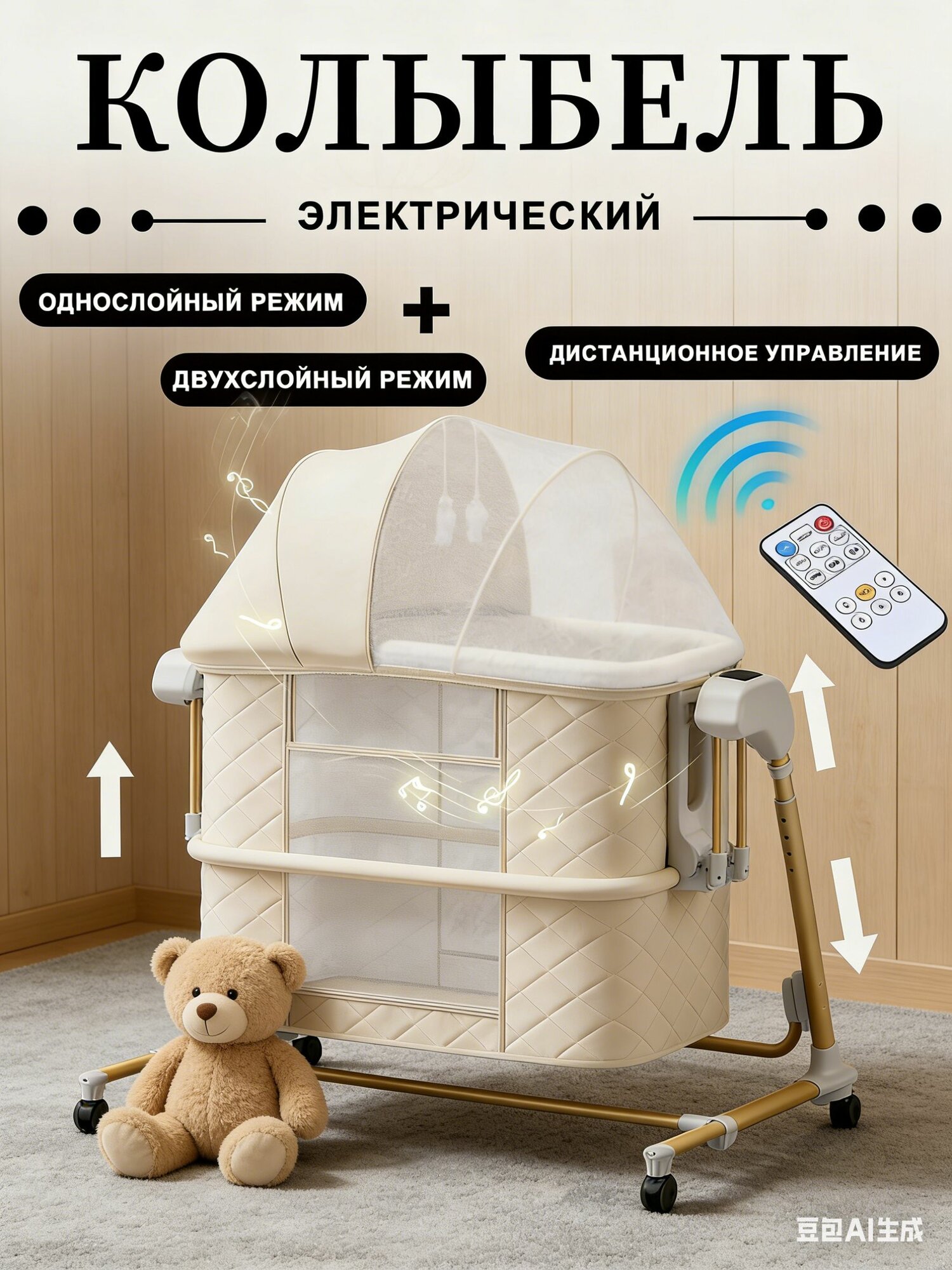 Приставная кроватка-трансформер 5 в 1 с электронным маятником, переносная люлька со съёмной стенкой и москиткой