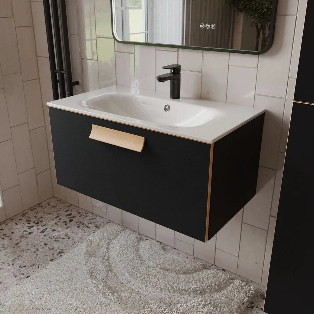 Тумба с раковиной подвесная Terminus Noto 80 см, 1 ящик, черный soft touch