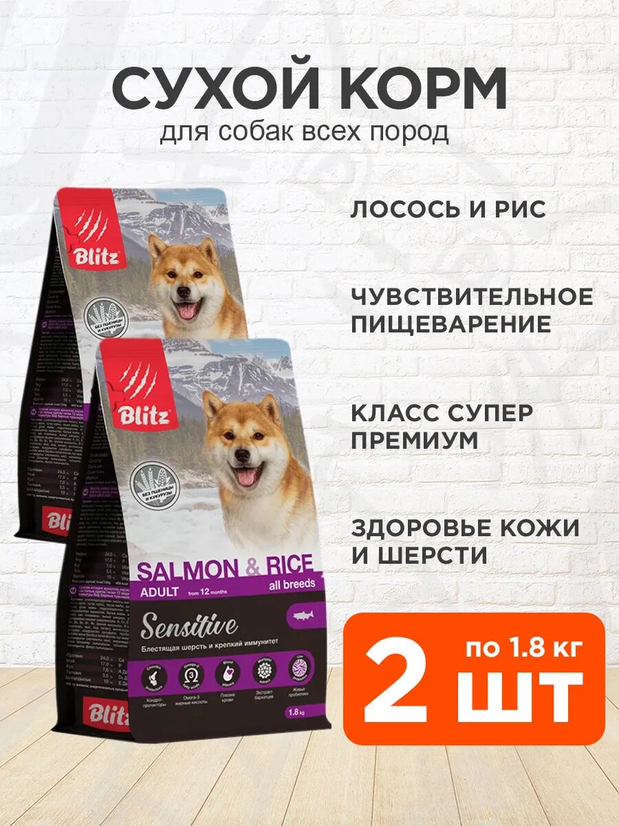 Корм сухой Blitz Sensitive Adult All Breeds Salmon & Rice для взрослых собак всех пород лосось и рис, 1,8 кг х 2 шт