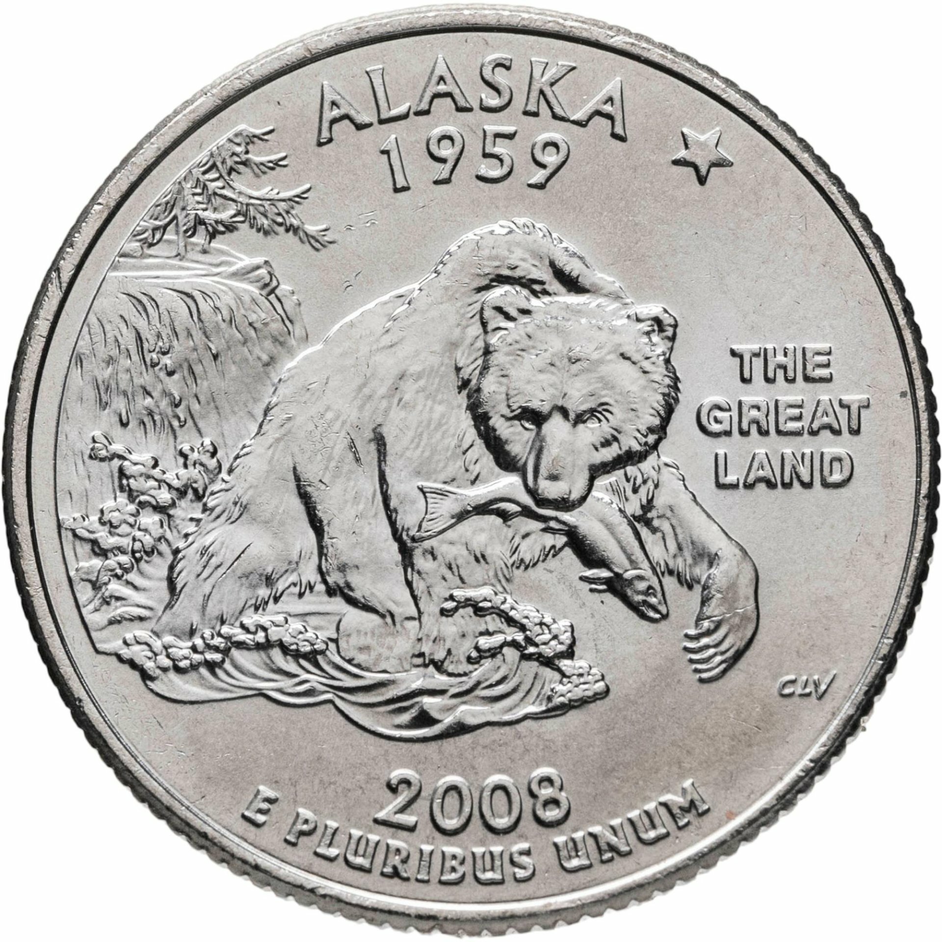 США 25 центов квотер, 1/4 доллара, quarter dollar 2008 D Квотер штата Аляска знак монетного двора: "D" - Денвер, Медь, в сохранности UNC