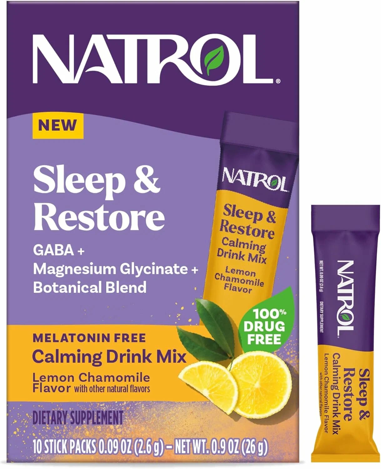 Natrol Restore with Magnesium Glycinate , GABA, лимон, 10 пакетов