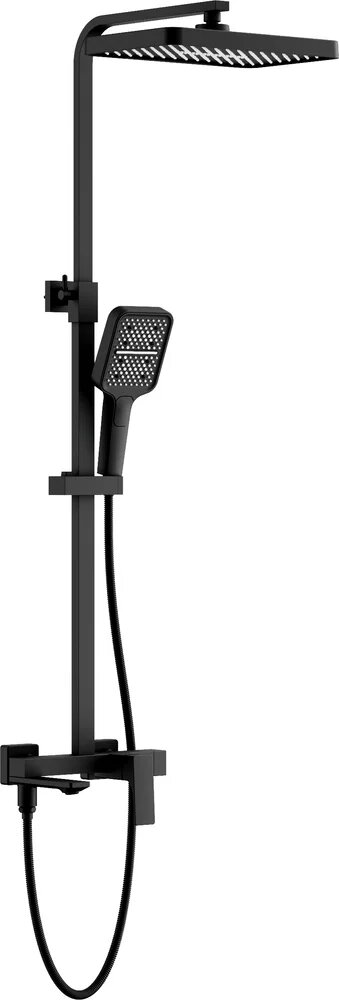 Душевая стойка BELZ B24709-7 со смесителем, черная, матовая, душевая система с тропическим душем, с изливом, с лейкой, латунная, рычаг сбоку