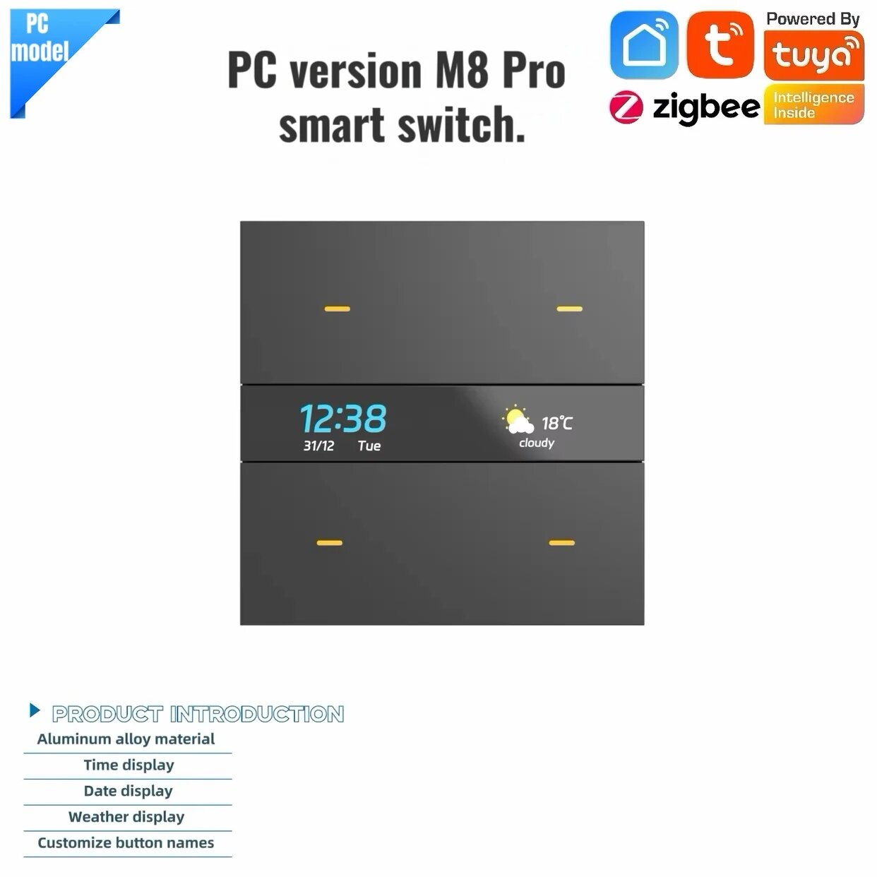 Умный выключатель M8Pro Tuya (PC) с Zigbee 3.0, дисплеем погоды/часов, 4 программируемыми PC White — фото 1