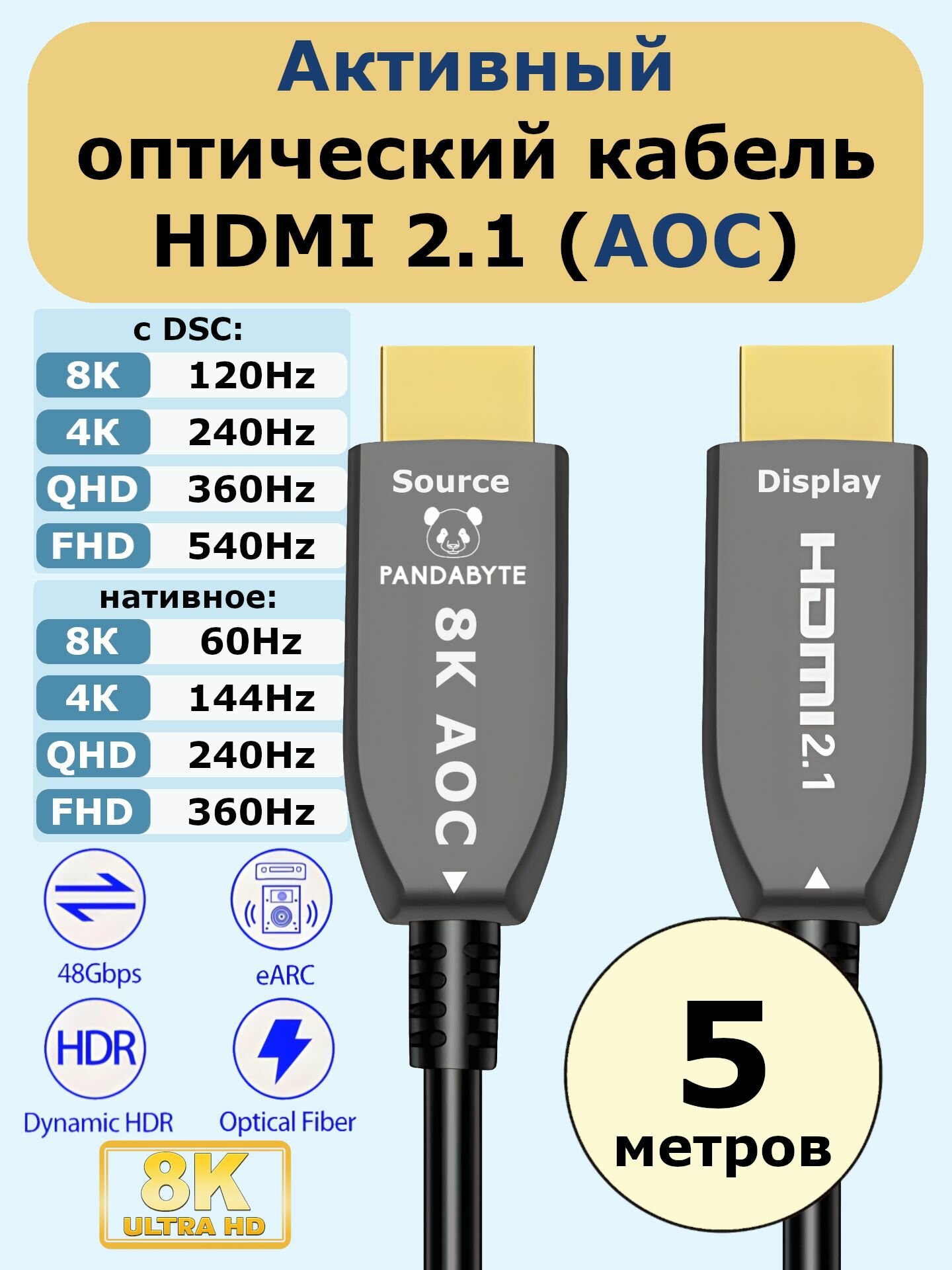 Оптический кабель HDMI 2.1 48 Гбит/с, 8К@60 Гц, 4K@240Гц, 4K@144Гц, 5 метров