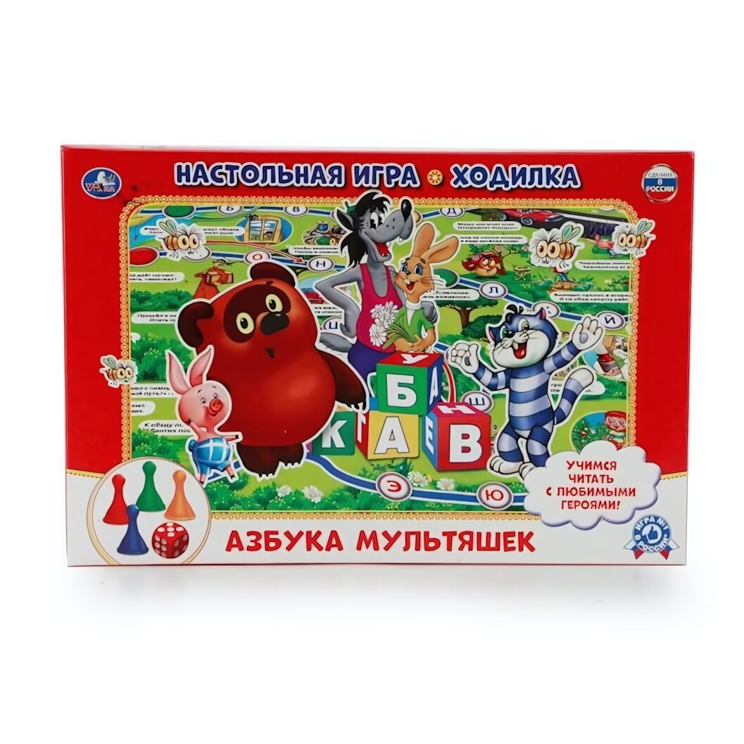 Настольная игра-ходилка "Азбука мультяшек", 4 фишки и кубик, учимся читать с героями мультфильмов